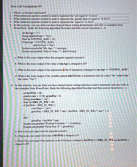 Solved Java Lab Assignment 9 1 What Is A Boolean Expression 2 What Relational Operator 