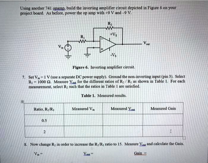 Using another 741 opamp, build the inverting amplifier circuit depicted in Figure 6 on your ...