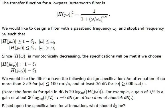 The transfer function for a lowpass Butterworth filter is |H(jω)|^2 ...