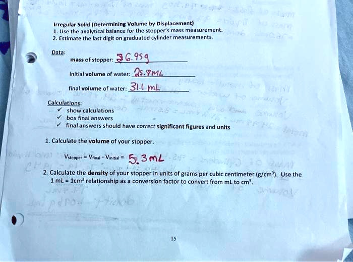Irregular solid determining volume by displacement use the...