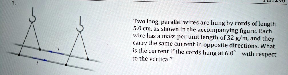 SOLVED: Two long; parallel wires are hung by cords of length 5.0 cm, as shown in the ...