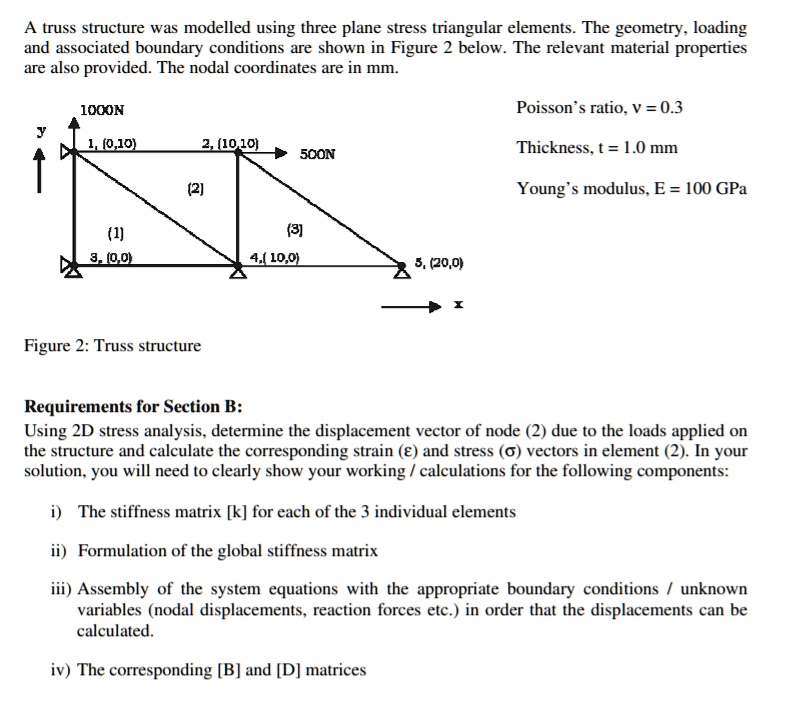 SOLVED: A truss structure was modeled using three plane stress triangular elements. The geometry ...