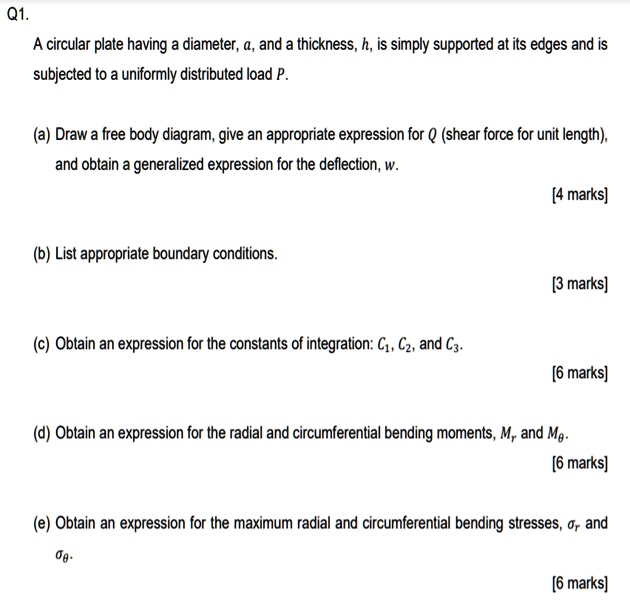 Q1. A circular plate having a diameter, a, and a thickness, h, is ...