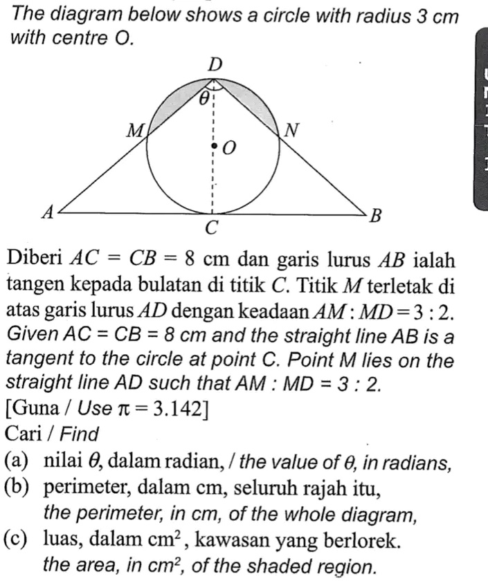 SOLVED: The diagram below shows a circle with a radius of 3 cm with ...