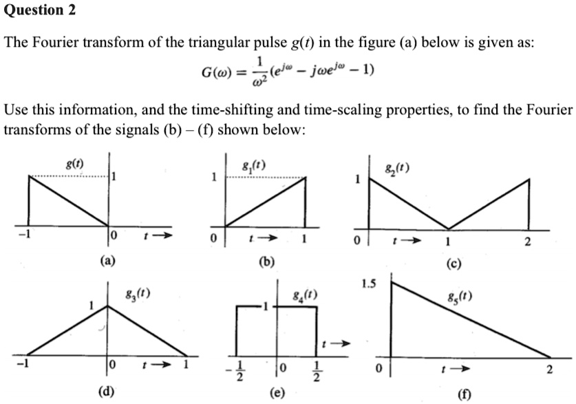 Question 2 The Fourier transform of the triangular pulse g(t) in the figure (a) below is given ...