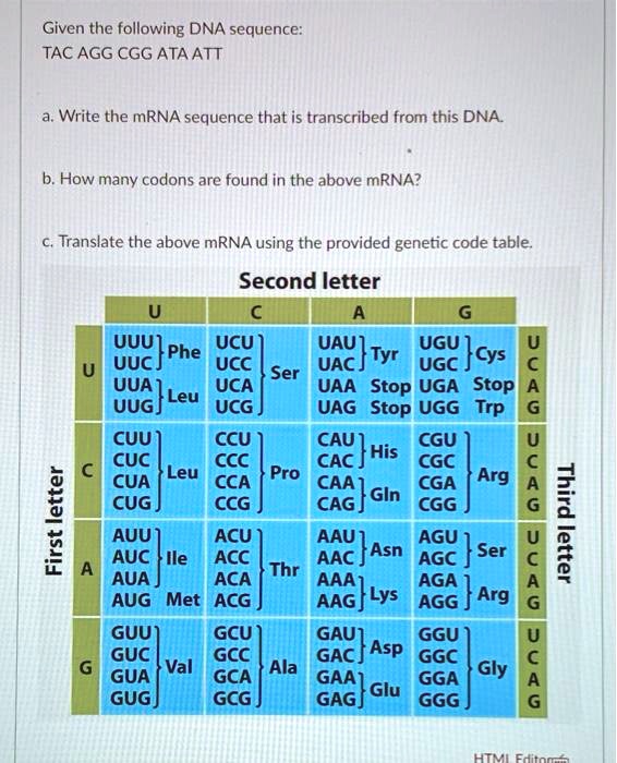 SOLVED:Given the following DNA sequence: TAC AGG CGG ATA ATT Write the ...