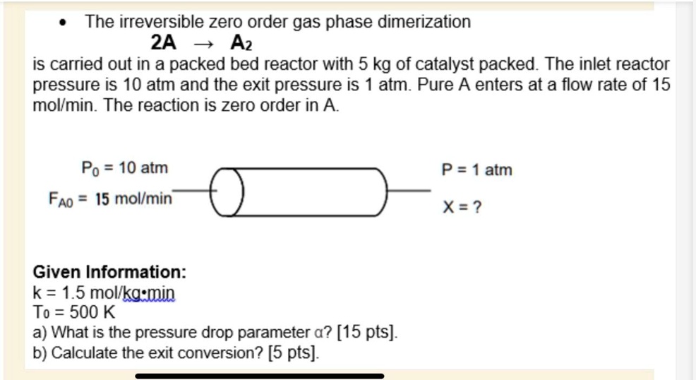 the irreversible zero order gas phase dimerization 2a az is carried out ...