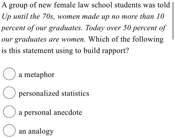 SOLVED: A group of new female law school students was told Up until the ...