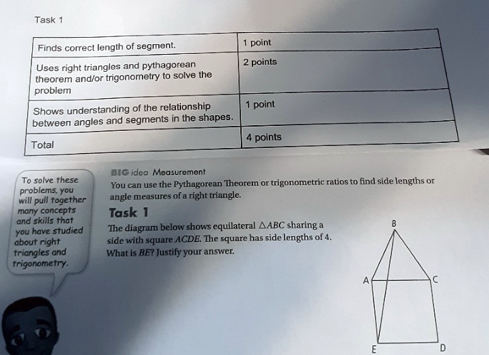 Task 1 Finds correct length of segment. Uses right triangles and pythagorean theorem and/or ...