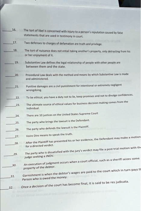 [GET ANSWER] 16. The tort of libel is concerned with injury to a person ...