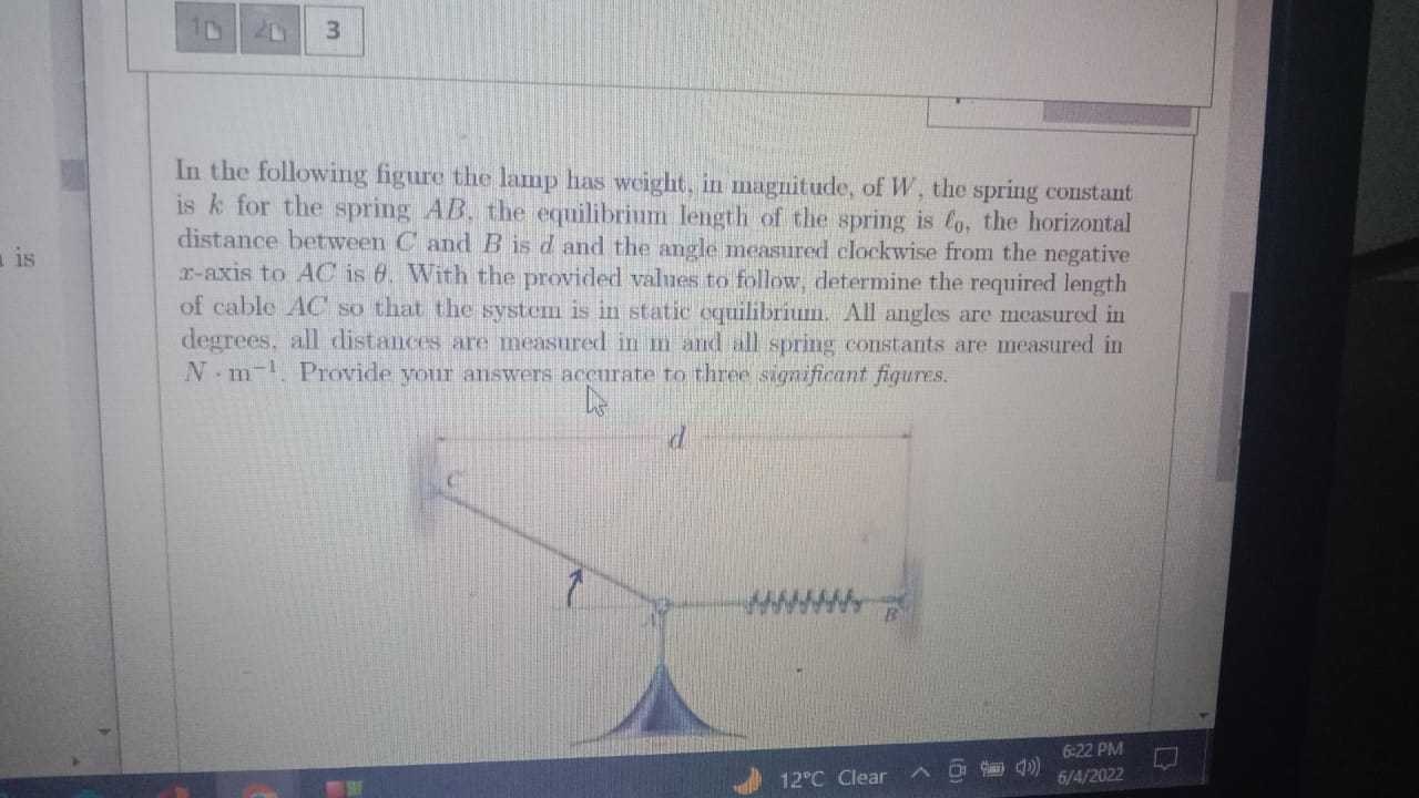 SOLVED: In the following figure the lamp has weight, in magnitude, of W ...