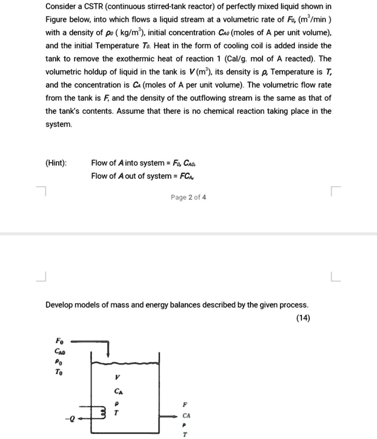 SOLVED: Process Control: CSTR and Mass/Energy Balances Consider a CSTR (continuous stirred-tank ...