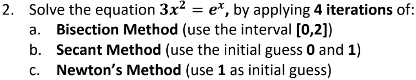 SOLVED: Numerical Analysis 2. Solve the equation 3x2 = ex, by applying 4 iterations of: a ...