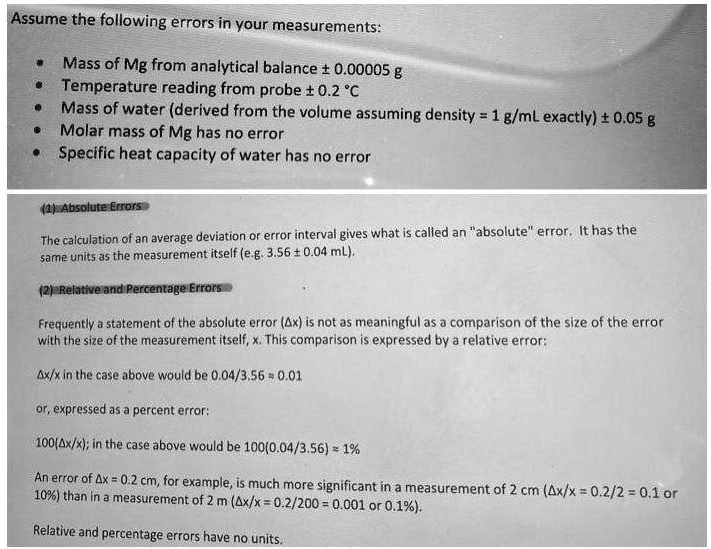 SOLVED: Assume the following errors in vour measurements: Mass of Mg from analytical balance + 0 ...