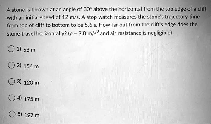 SOLVED: A stone is thrown at an angle of 300 above the horizontal from the top edge of a cliff ...