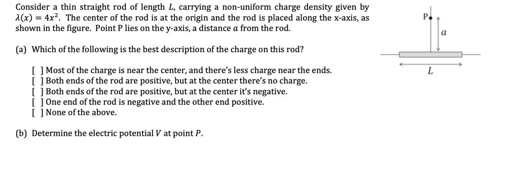 SOLVED: Consider a thin straight rod of length L, carrying non-uniform ...