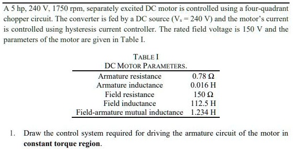 SOLVED: A 5hp,240V,1750rpm, separately excited DC motor is controlled ...
