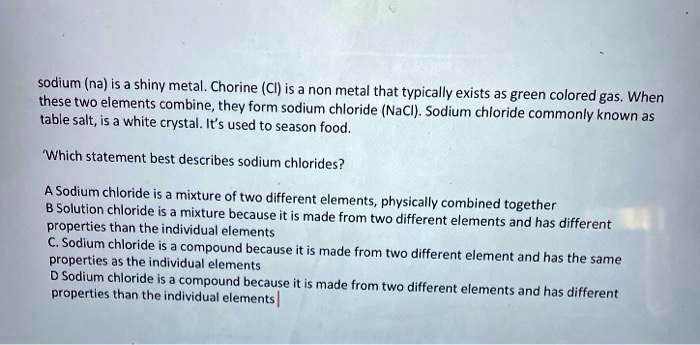 SOLVED: sodium (na) is shiny metal. Chorine (CI) is non metal that ...