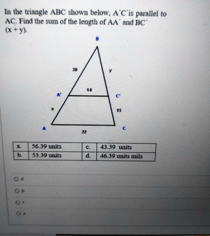 SOLVED: In the triangle ABC shown below, AC' is parallel to AC. Find the sum of the length of AB ...