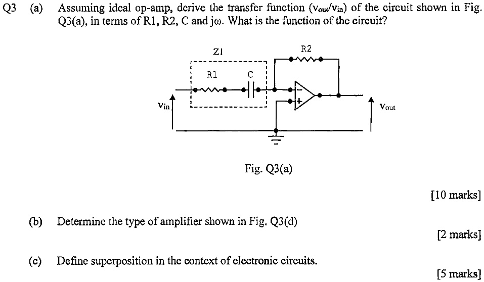 SOLVED: Q3 (a) Assuming an ideal op-amp, derive the transfer function (Vout/Vin) of the circuit ...