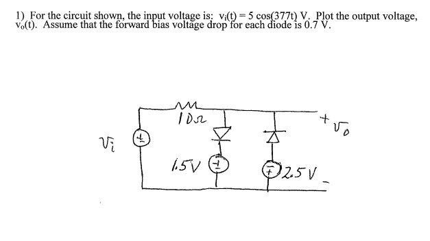 1) For the circuit shown, the input voltage is: vi(t) = 5 cos(377t) V. Plot the output voltage ...