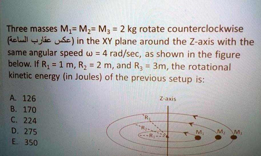 SOLVED: Three masses Mi = Mz = Mz 2 kg rotate counterclockwise in the XY plane around the Z-axis ...