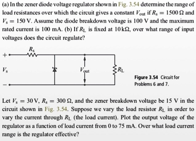 SOLVED: In the zener diode voltage regulator shown in Fig. 3.54, determine the range of load ...