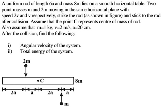 SOLVED: A uniform rod of length 6a and mass 8m lies on smooth horizontal table: Two point masses ...