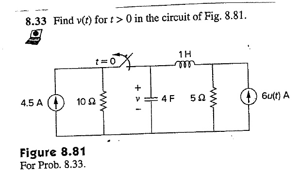 8.33 Find v(t) for t > 0 in the circuit of Fig. 8.81.