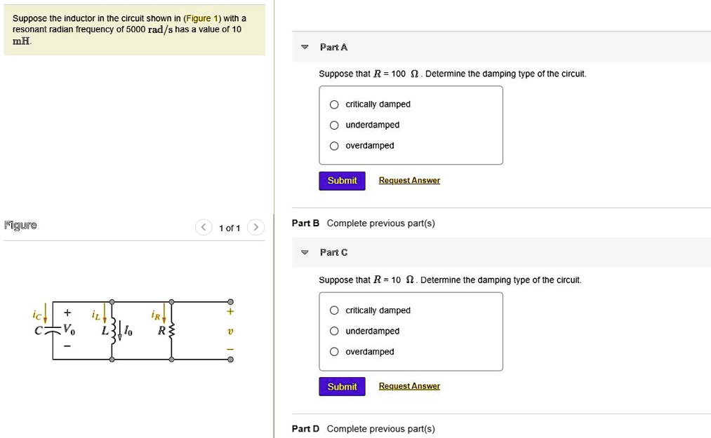 SOLVED: Part B: Calculate the roots and characteristic equation for R = 100 Ohms. And for Part D ...