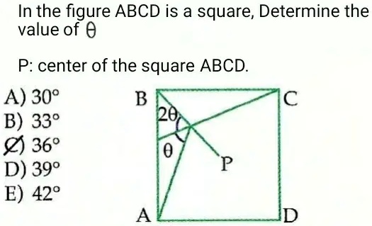 In the figure ABCD is a square, Determine the value of θ P: center of the square ABCD. A) 30° B ...