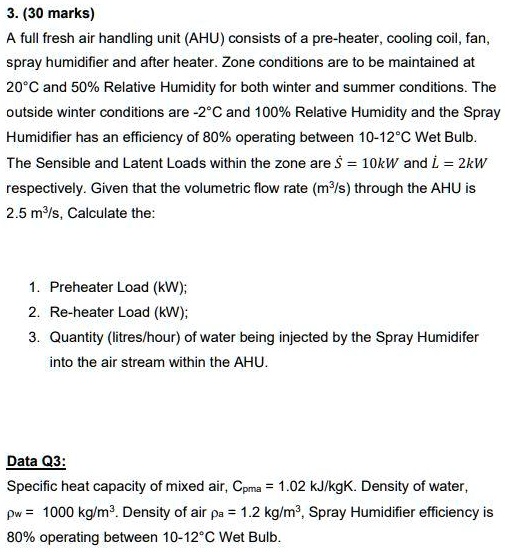 SOLVED: A full fresh air handling unit (AHU) consists of a pre-heater ...
