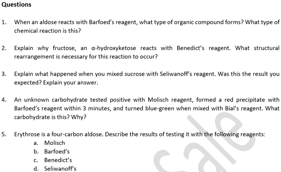 Questions 1. When an aldose reacts with Barfoed's reagent, what type of organic compound forms ...