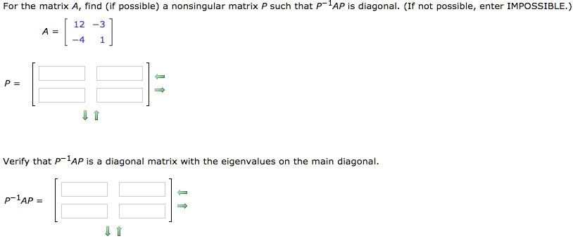 SOLVED: For the matrix A, find (if possible) a nonsingular matrix such that P - JAP is diagonal ...