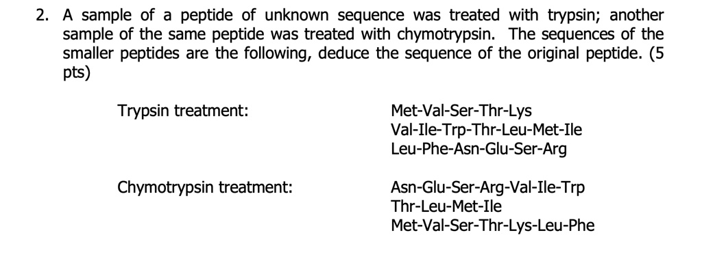 2. A sample of a peptide of unknown sequence was treated with trypsin ...