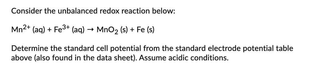 SOLVED: Consider the unbalanced redox reaction below: Mn2+ (aq) + Fe3 ...