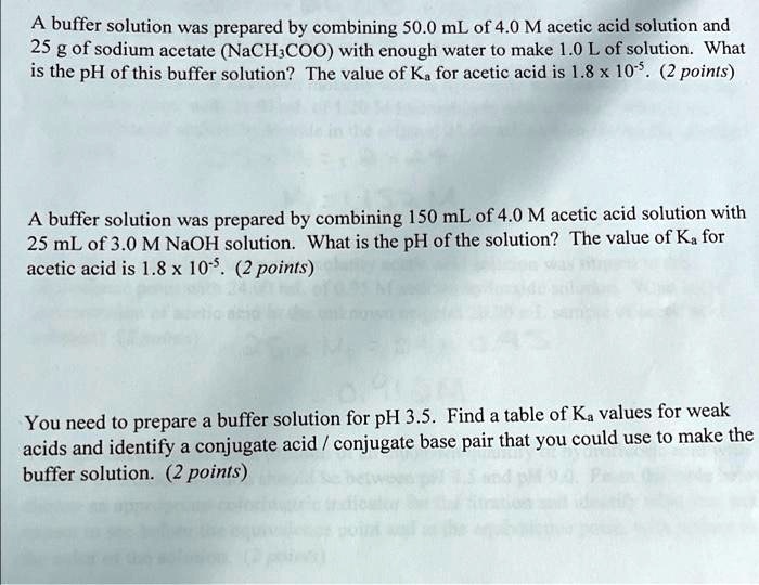A buffer solution was prepared by combining 50.0 mL of 4.0 M acetic acid solution and 25 g of ...