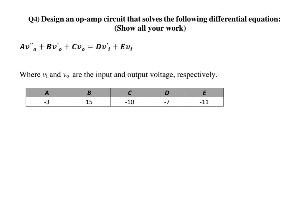 SOLVED: Q4) Design an op-amp circuit that solves the following differential equation: (Show all ...