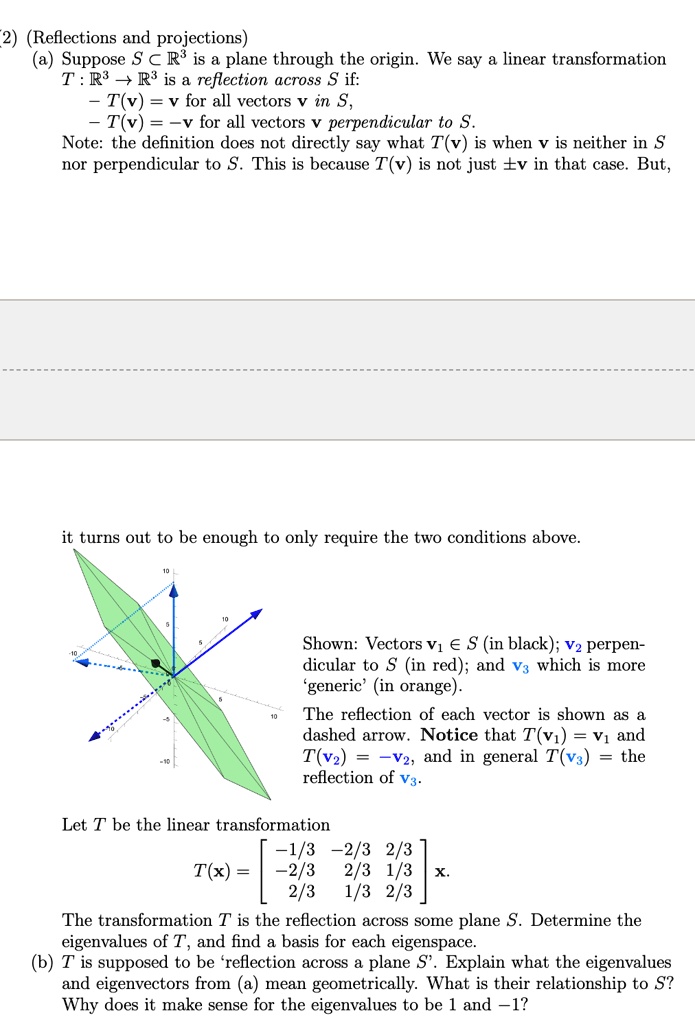 SOLVED: (Reflections and projections) Suppose S âˆˆ â„ Â³ is a plane through the origin. We say ...