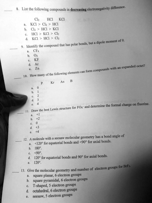 list the following compounds decreasing electronegativity difference ...