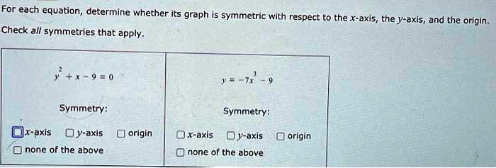SOLVED: For each equation, determine whether its graph is symmetric with respect to the x-axis ...