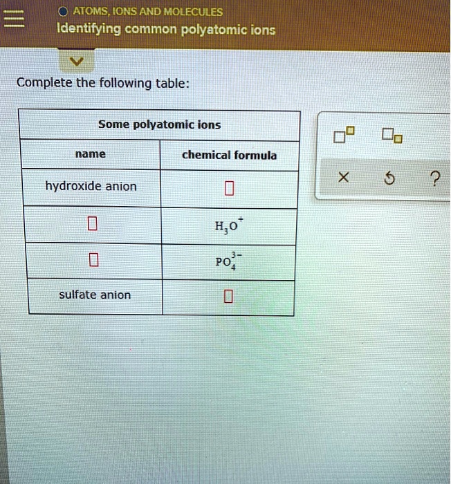 SOLVED:ATOMS, IONS AND MOLECULES Identifying common polyatomic ions ...