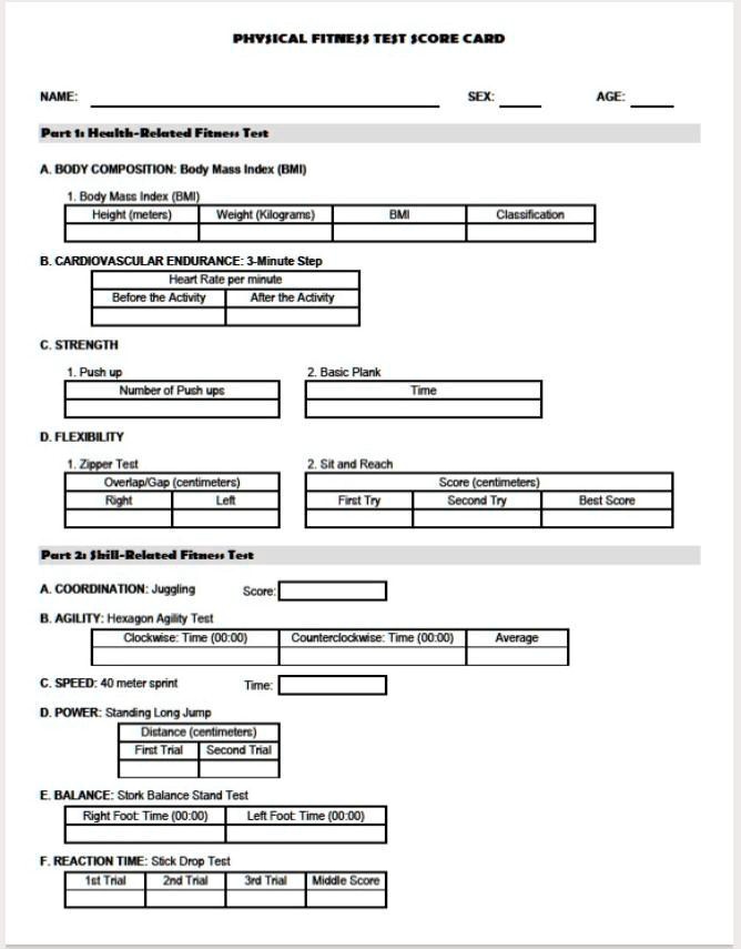 SOLVED: PHYSICAL FITNESS TEST SCORE CARD NAME: SEX: AGE: Part 1: Health ...