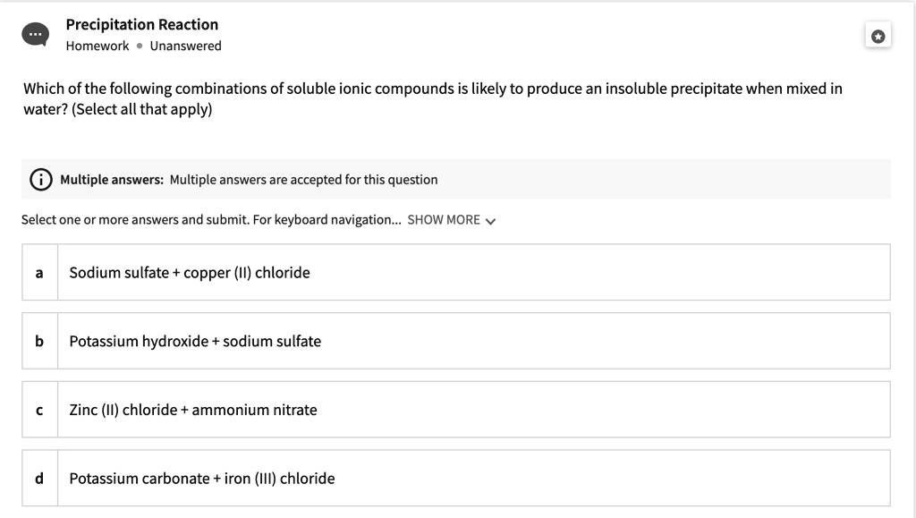 SOLVED: Precipitation Reaction Homework Unanswered Which ofthe ...