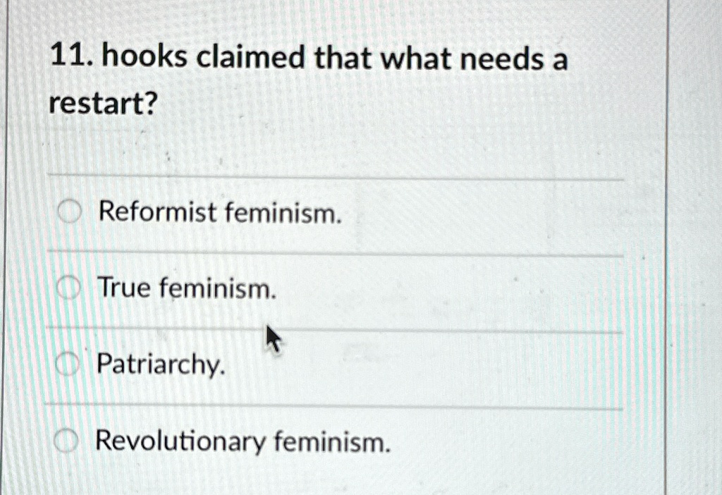 Hooks claimed that what needs a restart? Reformist feminism. True ...