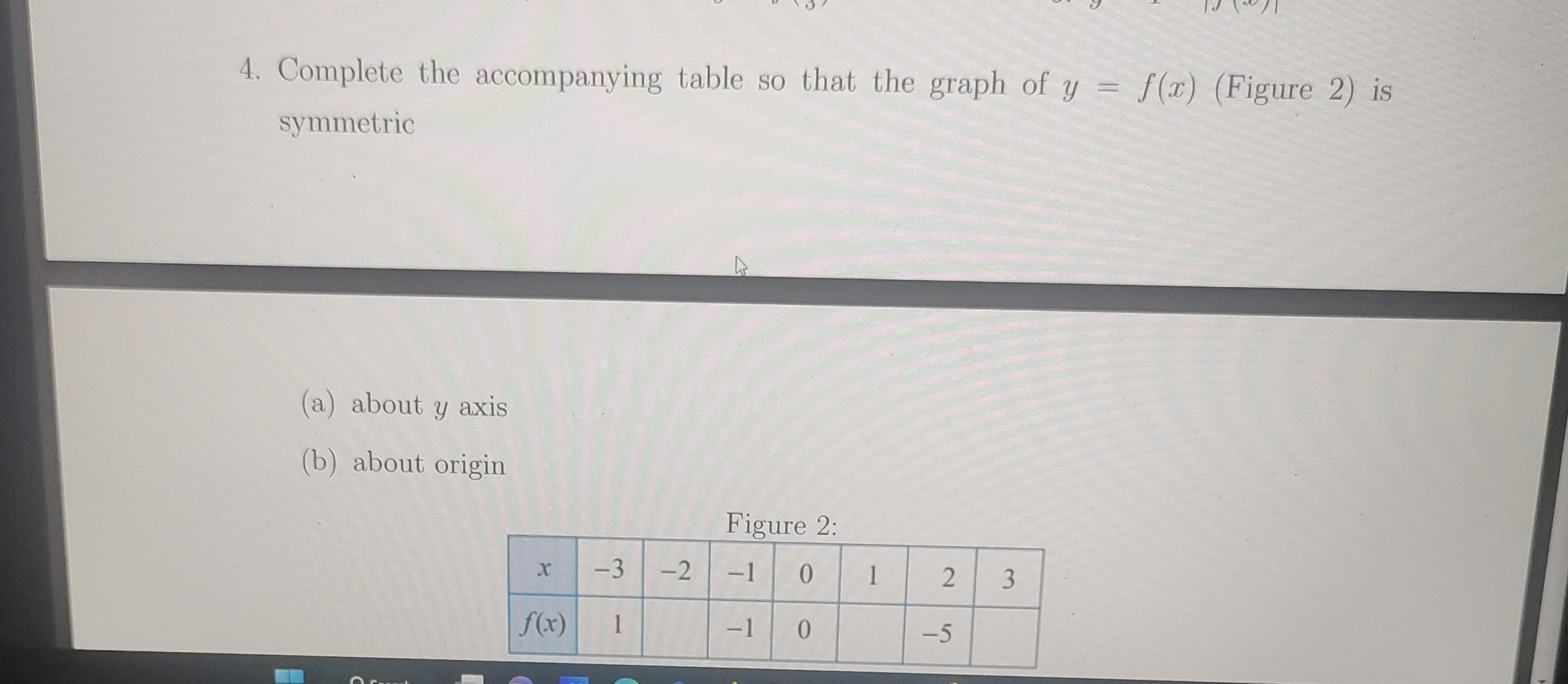 4. Complete the accompanying table so that the graph of y=f(x) (Figure 2) is symmetric (a) about ...