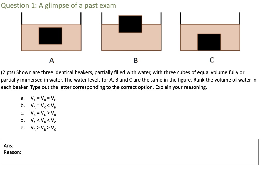 SOLVED: Question 1: A glimpse of a past exam B (2 pts) Shown are three identical beakers ...