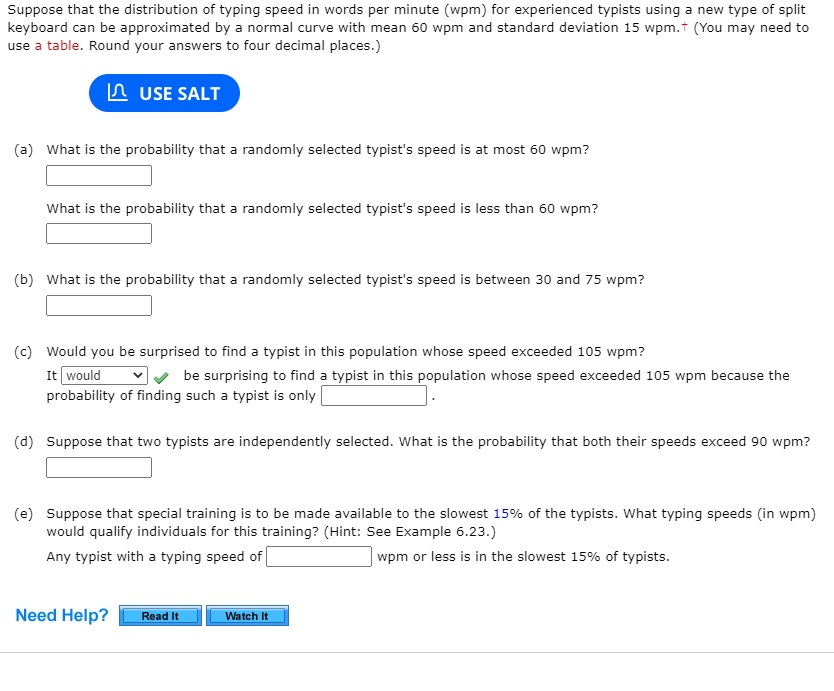SOLVED: Suppose that the distribution of typing speed in words per ...