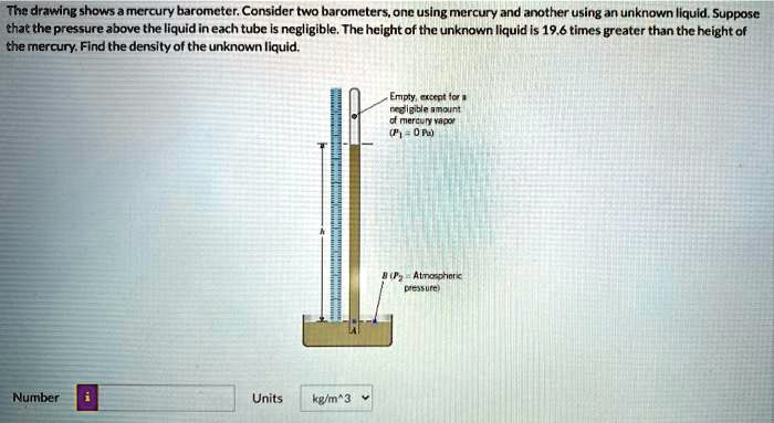 SOLVED: The drawing shows a mercury barometer. Consider two barometers, one using mercury and ...