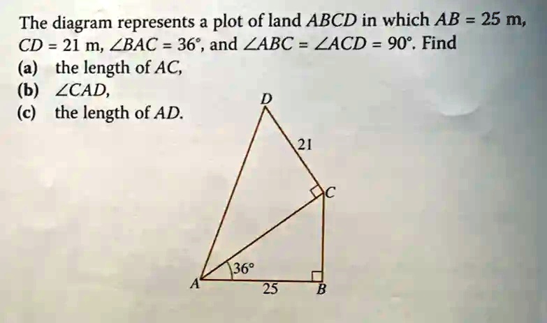 The diagram represents a plot of land ABCD in which AB = 25 m, CD = 21 ...